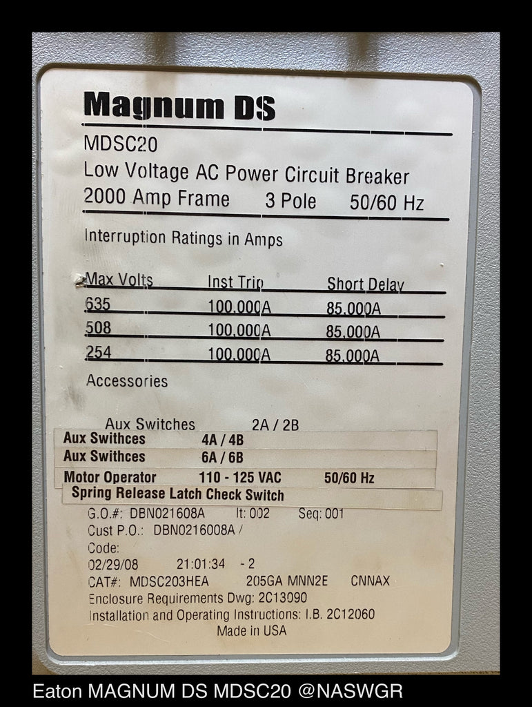 Eaton Magnum DS MDSC20 Circuit Breaker (E/O,B/I) - 2000 Amp — North American Switchgear Store