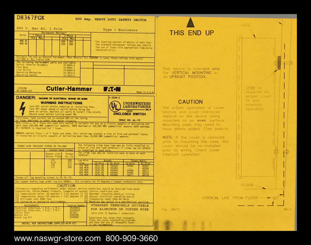 Cutler Hammer / Eaton DH367FGK Heavy Duty Safety Switch - 800A/600V/3P — North American ...