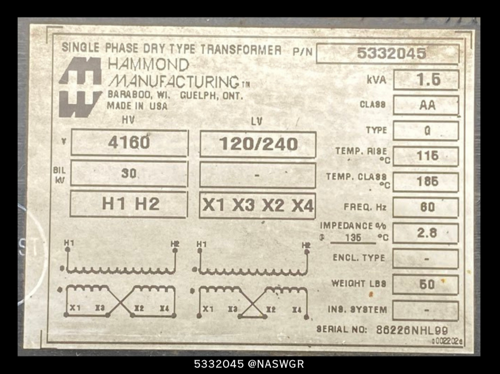 Hammond 5332045 Single Phase CPT Transformer - 1.5KVA, 4160:120/240V ...