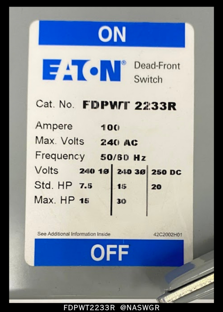 Eaton FDPWT2233R Fusible Panelboard Switch - 100/100 Amp - Unused ...