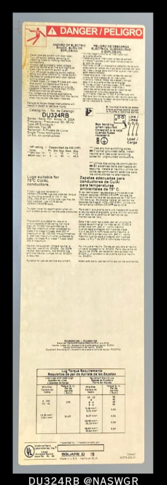 Square D DU324RB General Duty Safety Switch - 200A/240V/3P/N3R - Unuse ...