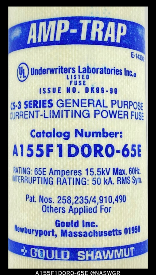 Gould Shawmut A155F1D0R0-65E Fuse - 65A/15.5kV - Unused — North ...