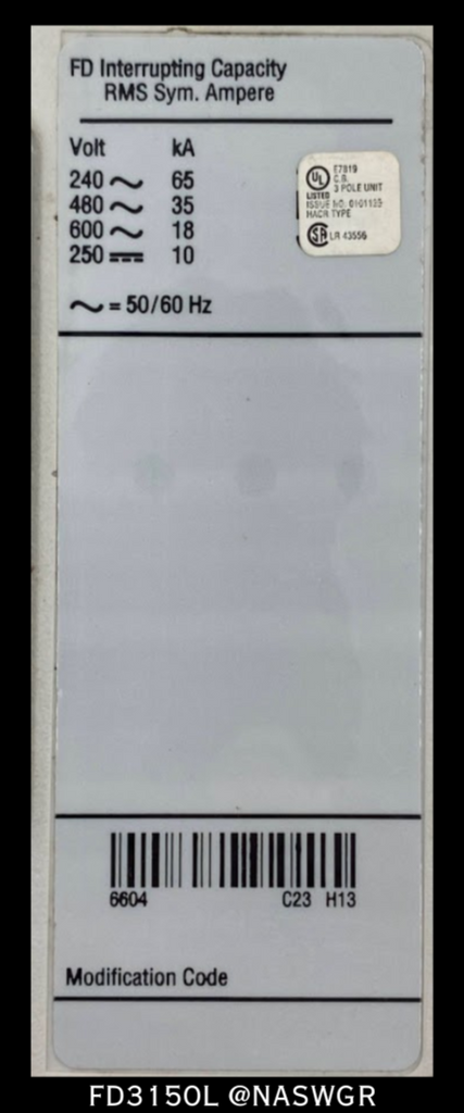 Eaton FD3150L Molded Case Circuit Breaker - 150 Amp - Unused — North ...
