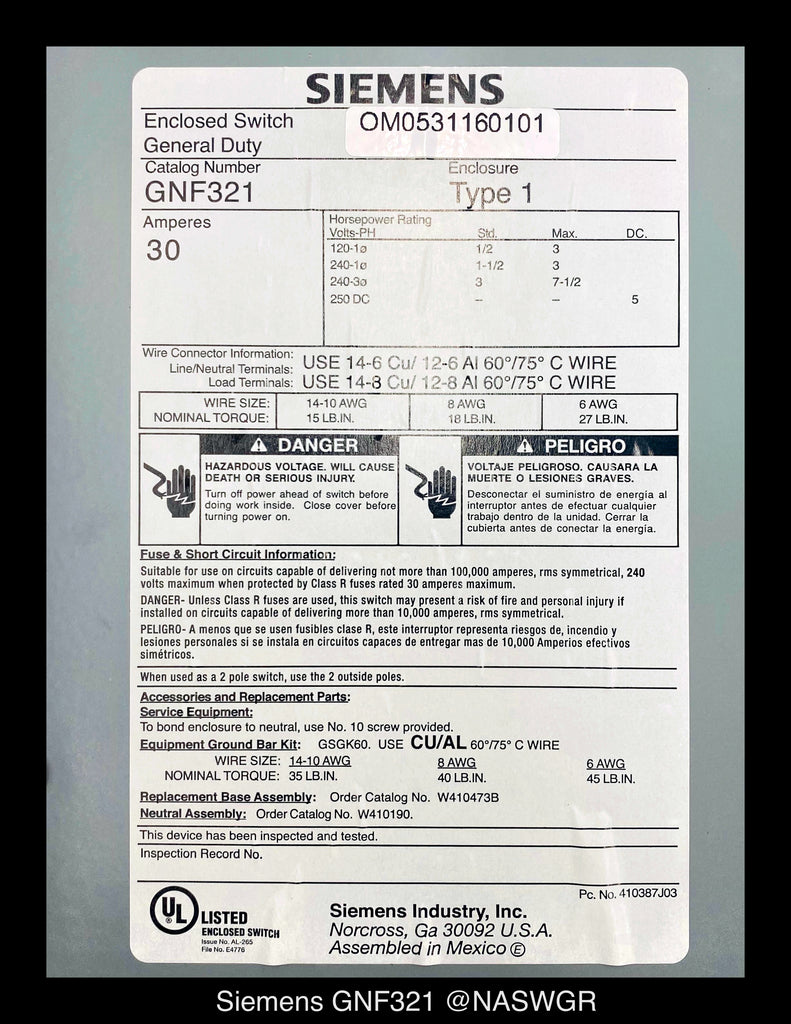 Siemens GNF321 General Duty Safety Switch - 30A/240V/3P/N1 - Unused ...