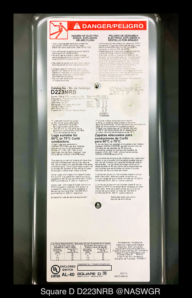 Square D D223NRB General Duty Safety Switch - 100A/240V/2P/N3R - Unuse ...