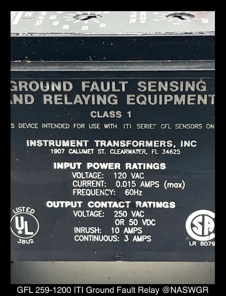 Instrument Transformers Inc. GFL 259-1200 Ground Fault Relay - 1200 Am ...
