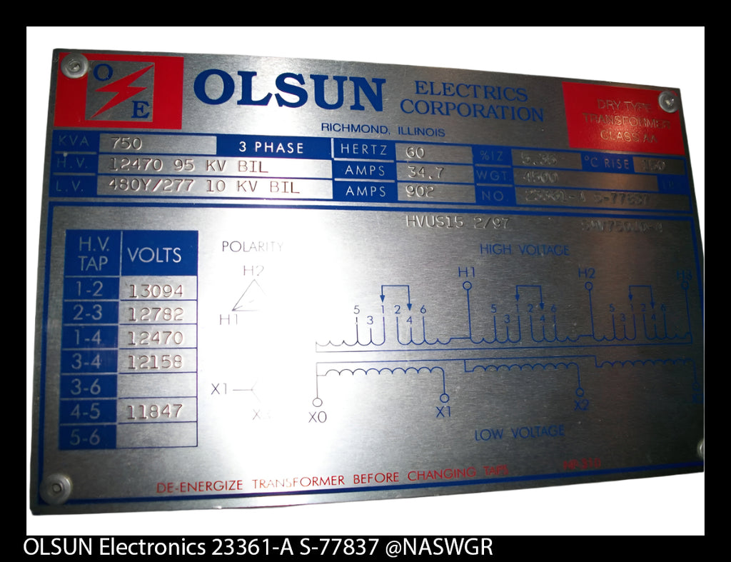 OLSUN Electronics 23361-A S-77837 Transformer - 750kVA, 12470v:480Y/27 ...