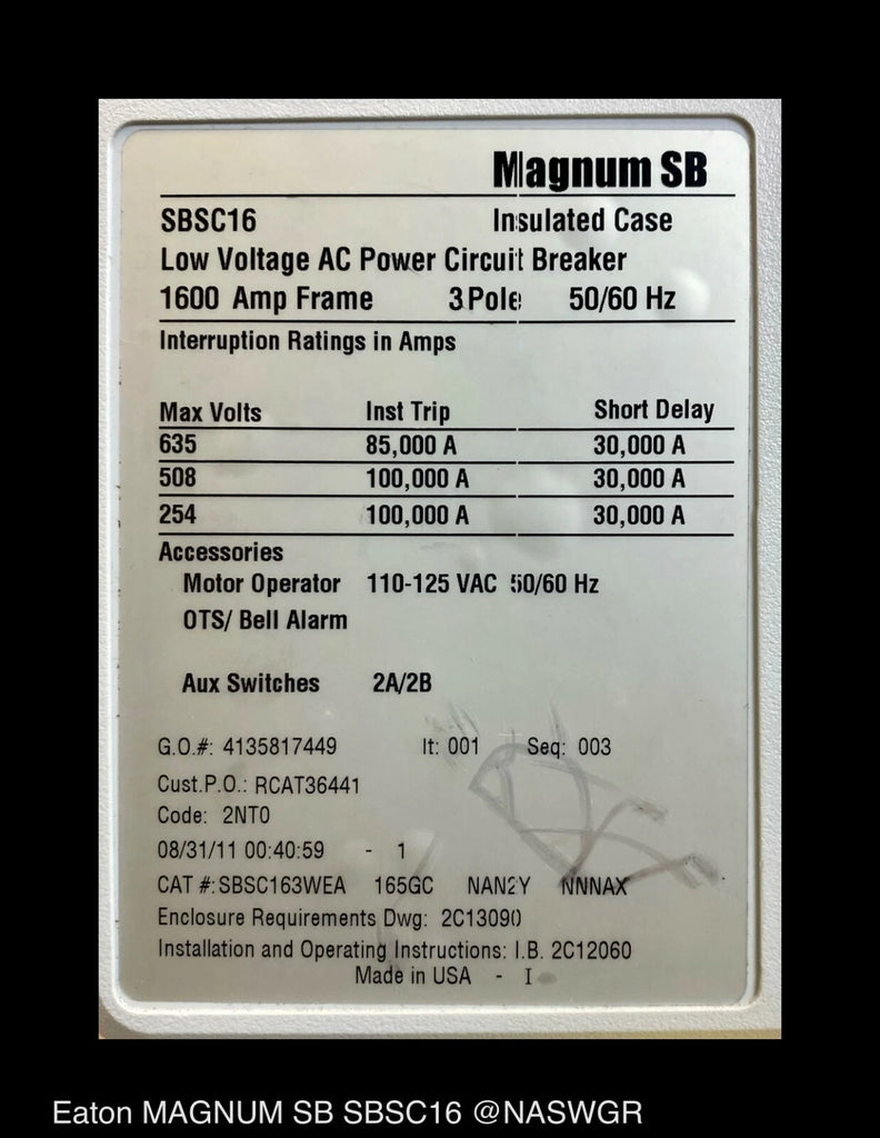 Eaton Magnum SB SBSC16 Circuit Breaker (E/O,D/O) - 1600 Amp — North ...