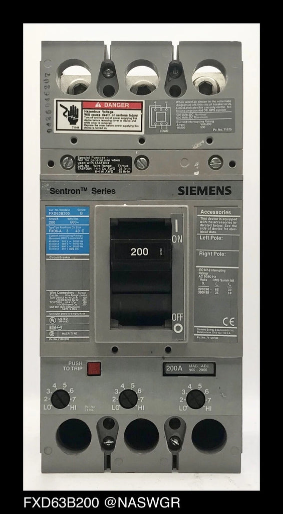 Siemens FXD63B200 Molded Case Circuit Breaker - 200 Amp - Tested/1 Yea ...