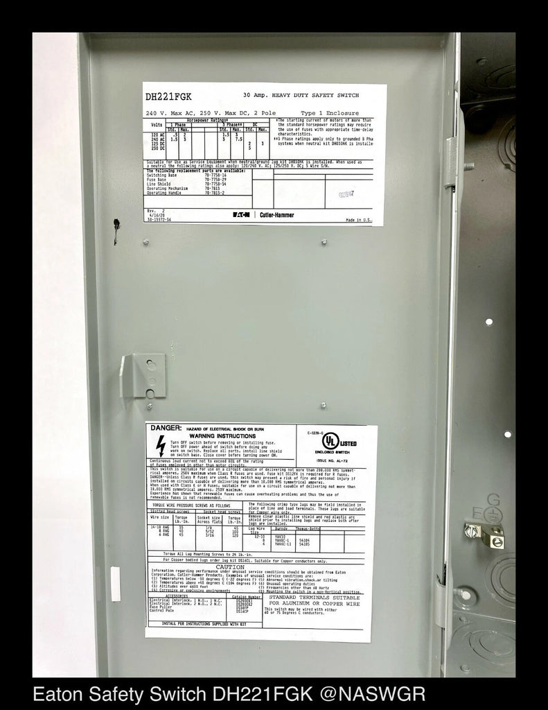 Eaton DH221FGK Heavy Duty Safety Switch - 30A/240V/2P/N1 - Unused ...