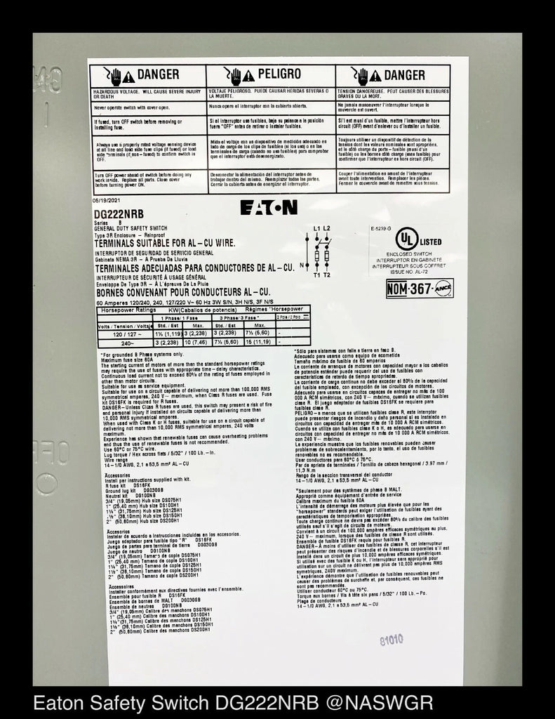 Eaton DG222NRB General Duty Safety Switch - 60A/240V/2P3W/N3R - Unused ...