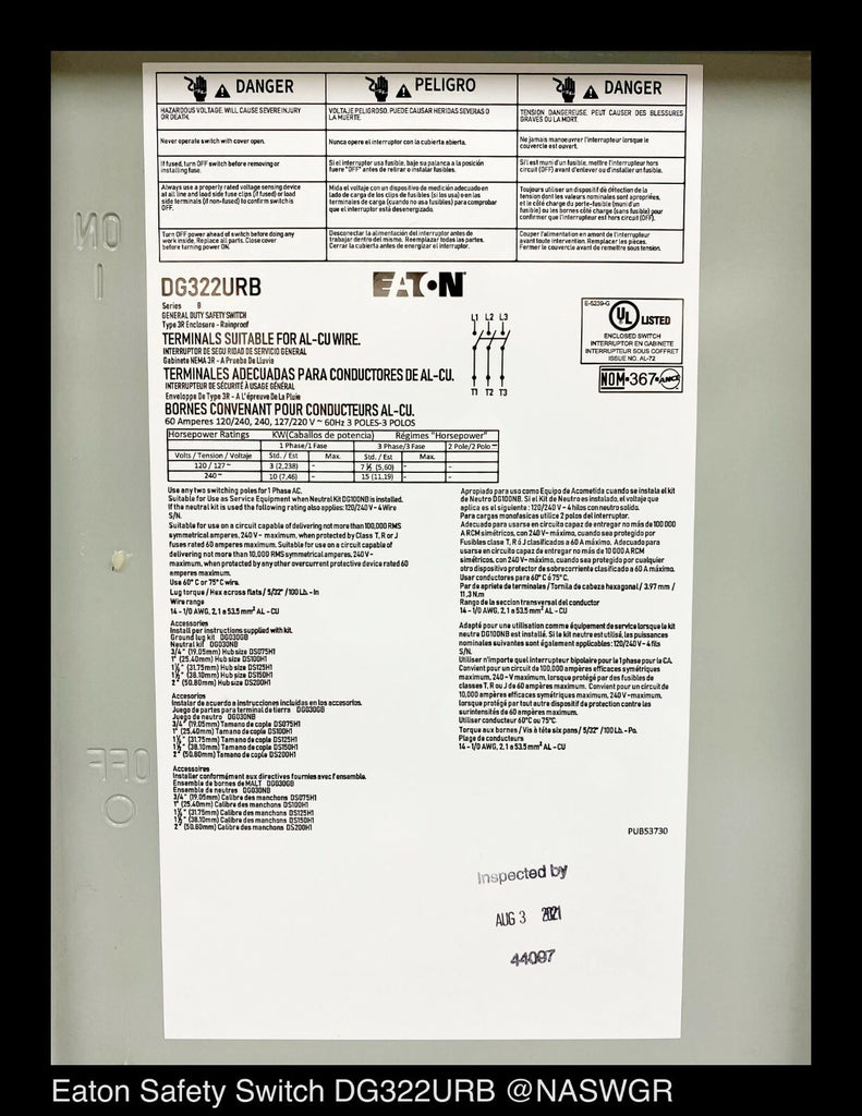 Eaton DG322URB General Duty Safety Switch - 60A/240V/3P/N3R - Unused ...