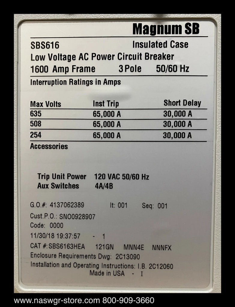 Eaton Magnum SB SBS616 Circuit Breaker (M/O,B/I) - 1200 Amp - Unused ...