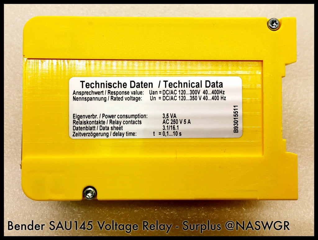 Bender B9301551 Under/Over Voltage Relay SUA145 - Surplus — North ...