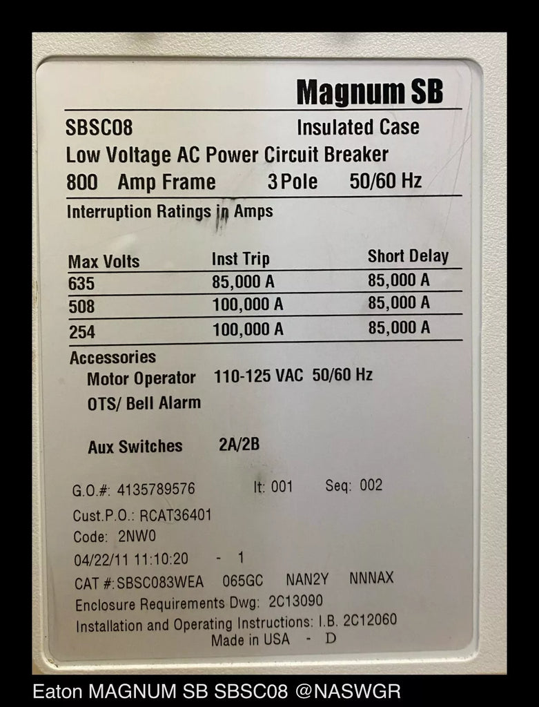 Eaton Magnum SB SBSC08 Circuit Breaker (E/O,D/O) - 600 Amp — North ...