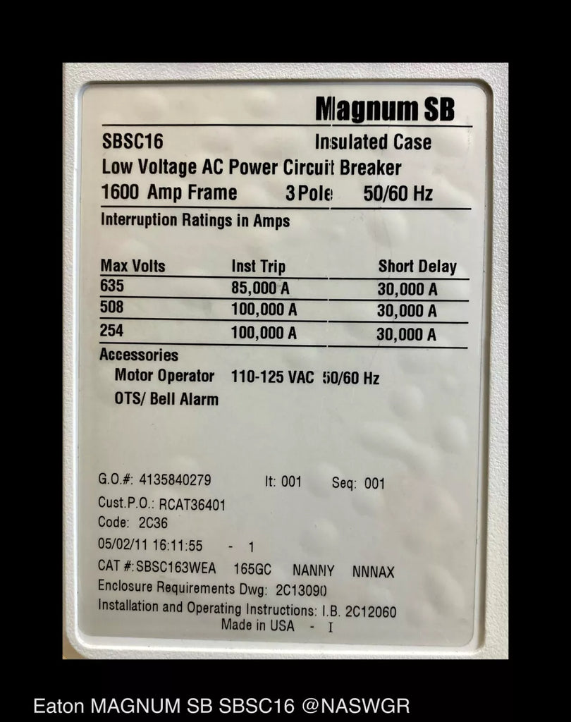 Eaton Magnum SB SBSC16 Circuit Breaker (E/O,D/O) - 1600 Amp — North ...