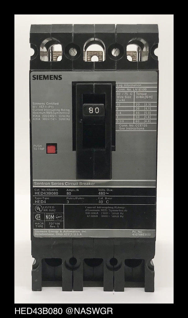 Siemens HED43B080 Molded Case Circuit Breaker ~ 80 Amp — North American ...