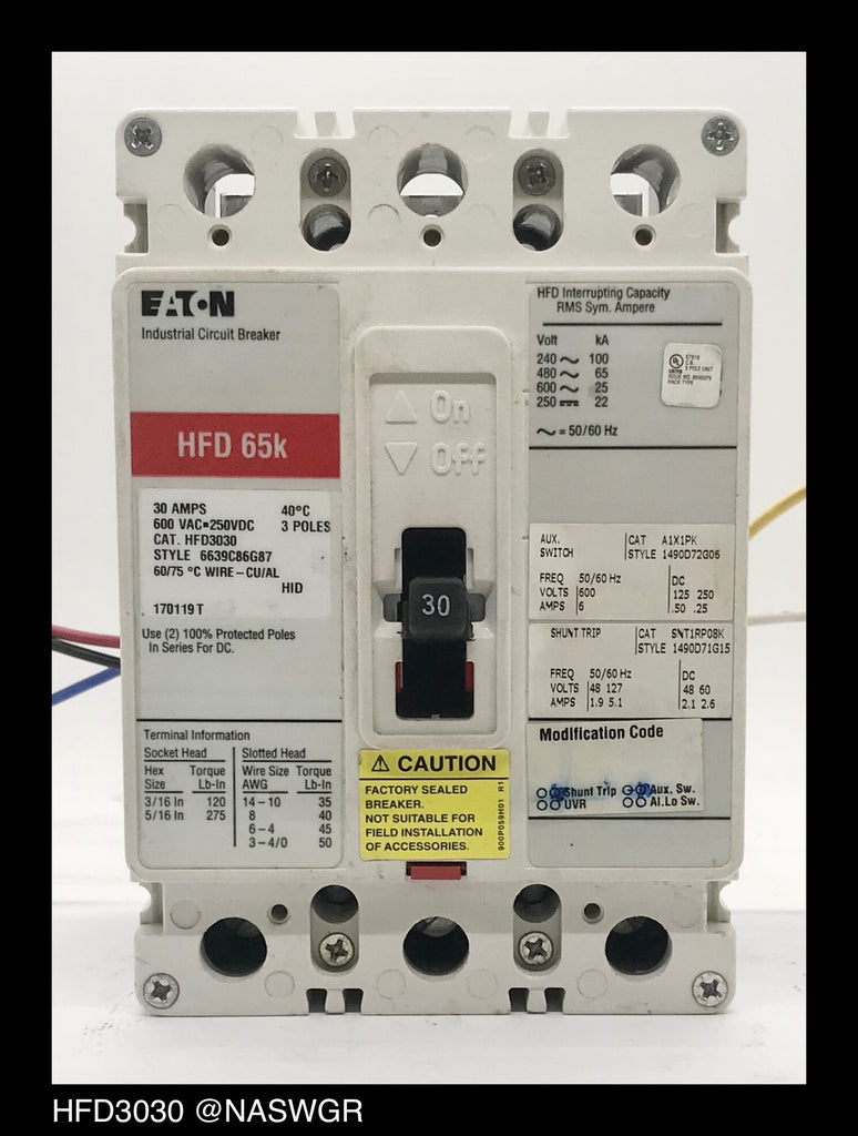 Eaton HFD3030 Molded Case Circuit Breaker w/ Shunt Trip & Aux Switch ...