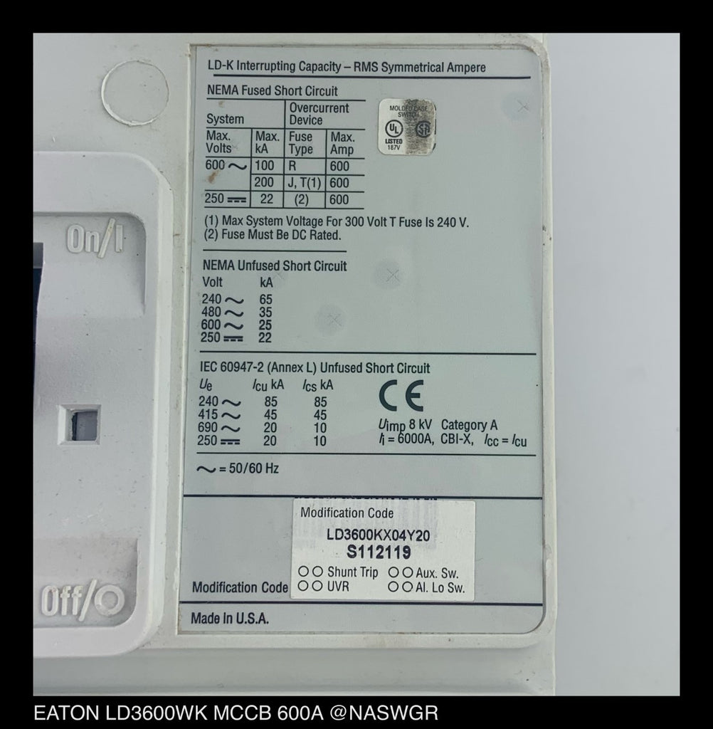 Eaton LD3600WK Molded Case Switch - 600 Amp - Unused — North American ...