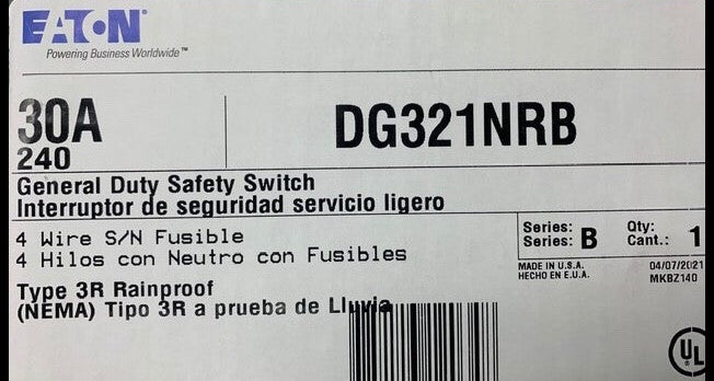 Eaton DG321NRB General Duty Safety Switch - 30A/240V/3P/N3R - Unused ...