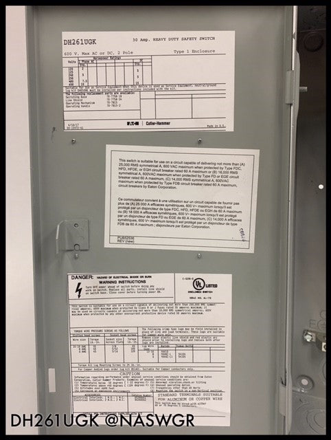 Eaton DH261UGK Heavy Duty Safety Switch - 30A/600V/2P/N1 - Unused ...