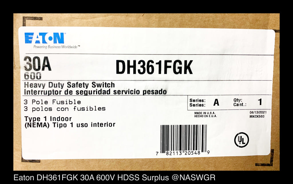 Eaton DH361FGK Heavy Duty Safety Switch - 30A/600V/3P/N1 - Unused ...