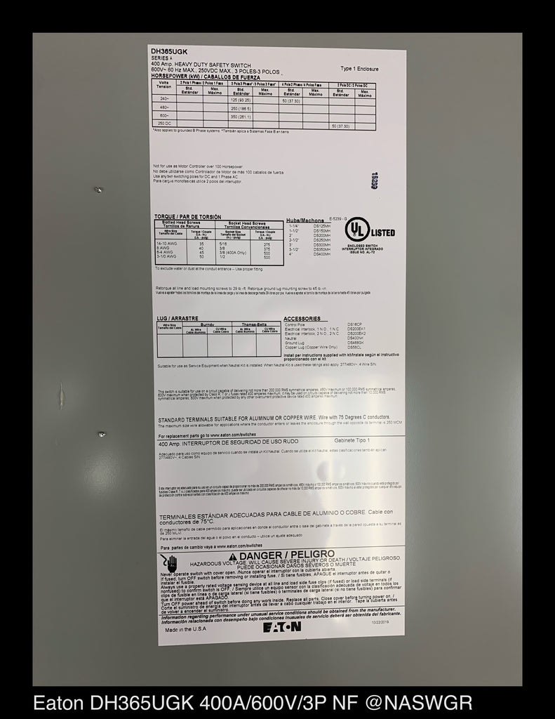 Eaton DH365UGK Heavy Duty Safety Switch - 400A/600V/3P/N1 - Unused ...