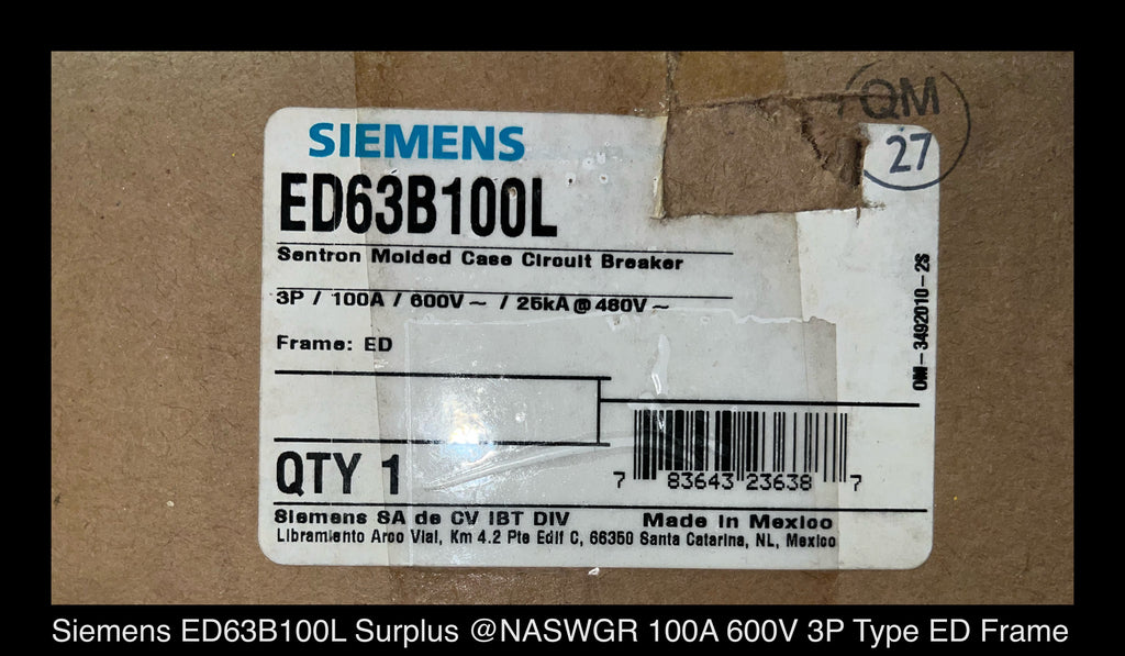 Siemens ED63B100L Molded Case Circuit Breaker - 100 Amp - Unused ...