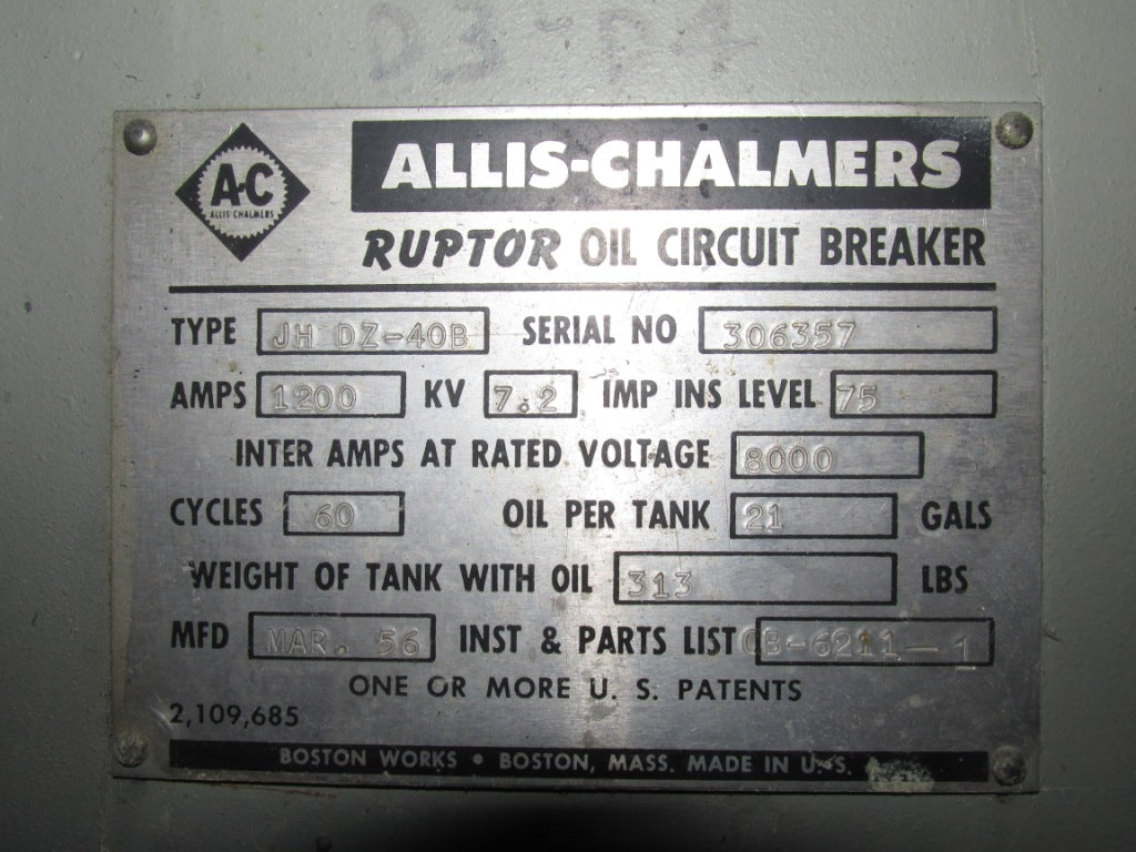 JH DZ-40B Allis Chalmers Oil Circuit Breaker — North American ...