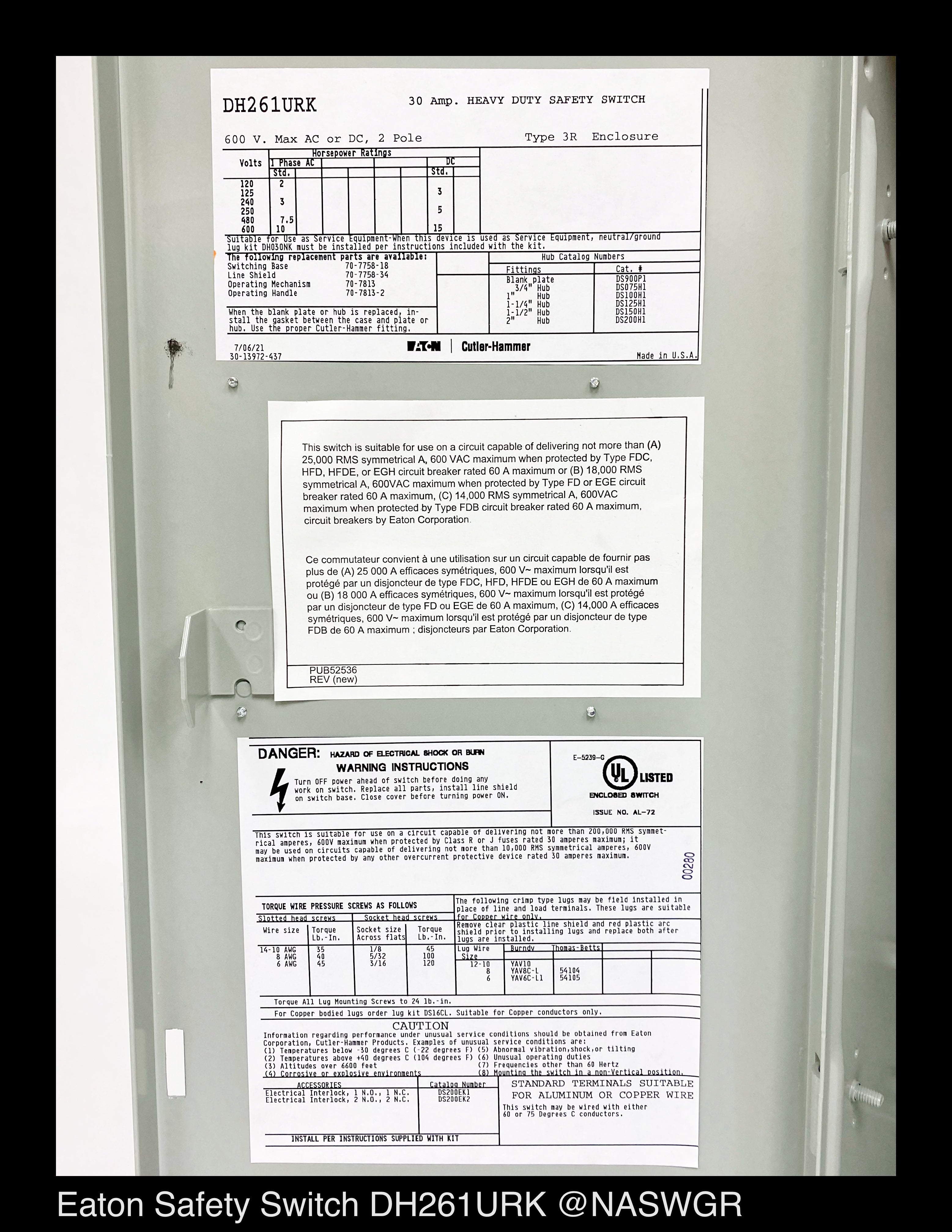 Eaton DH261URK Heavy Duty Safety Switch - 30A/600V/2P/N3R - Unused ...