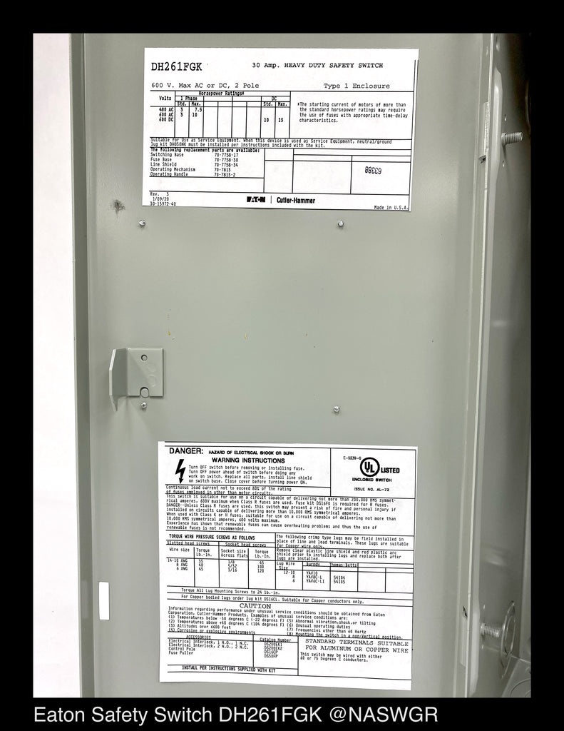 Eaton DH261FGK Heavy Duty Safety Switch - 30A/600V/2P/N1 - Unused ...