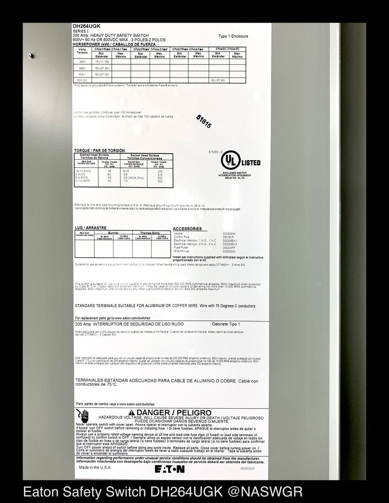 Eaton DH264UGK Heavy Duty Safety Switch - 200A/600V/2P/N3R - Unused ...