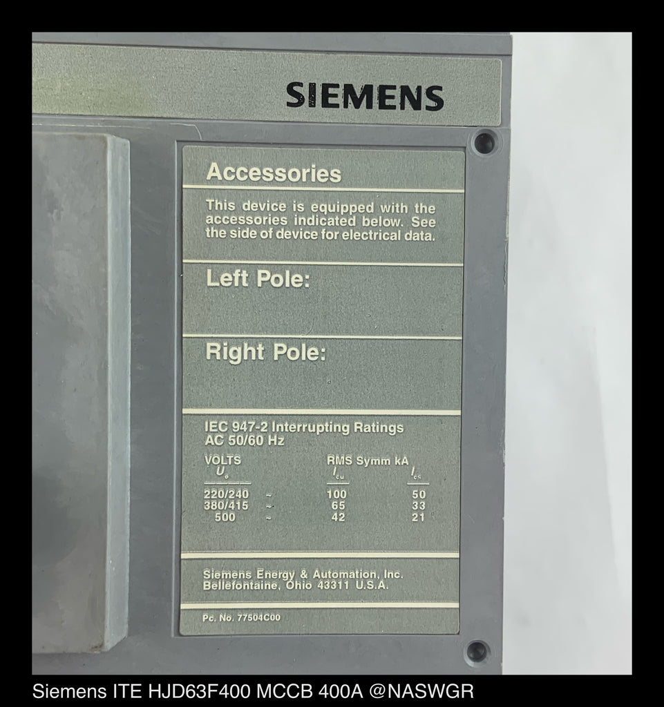 Siemens HJD63F400 Molded Case Circuit Breaker - 400 Amp — North ...