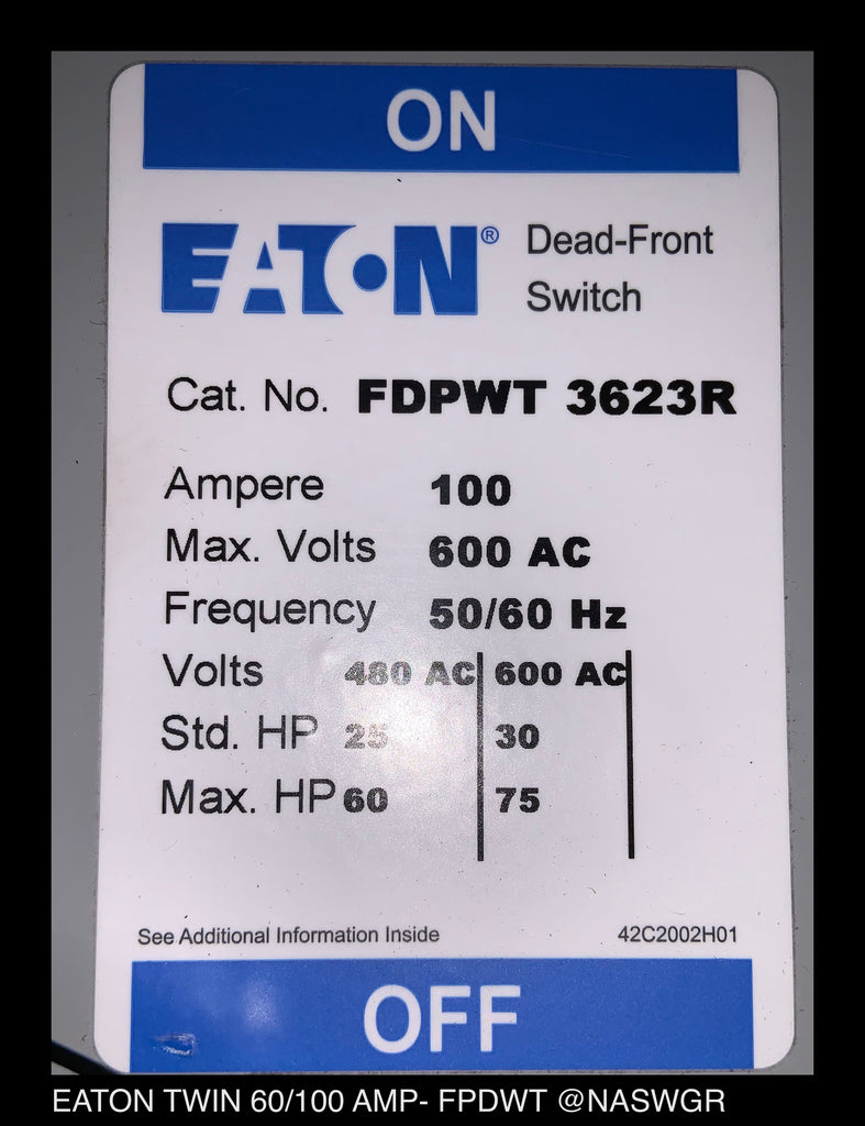 Eaton FDPWT3223R/3623R Fusible Panelboard Switch - 60/100 Amp - Unused ...