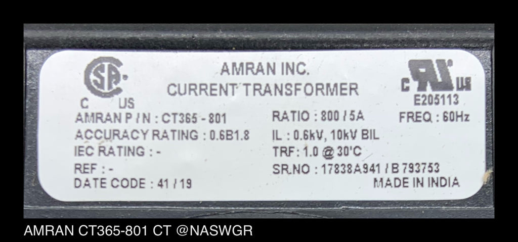 Amran CT365-801 Current Transformer - 800:5 Amp - Unused — North ...