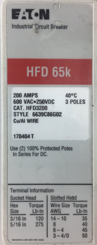 Eaton HFD3200 Molded Case Circuit Breaker ~ 200 Amp — North American ...