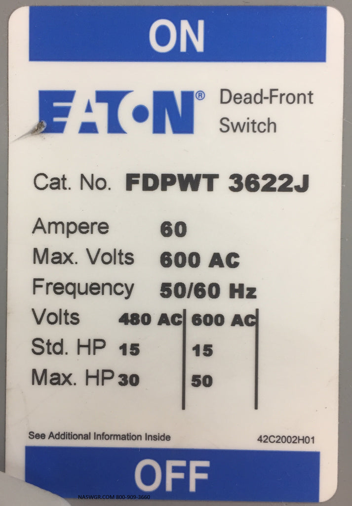 Eaton FDPWT3622J Fusible Panelboard Switch - 60/60 Amp - Unused — North ...