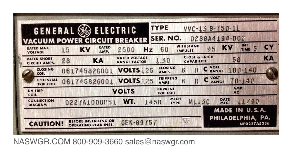 VVC-13.8-750-1L , GE VVC-13.8-750-1L Circuit Breaker , 2500 amp — North ...