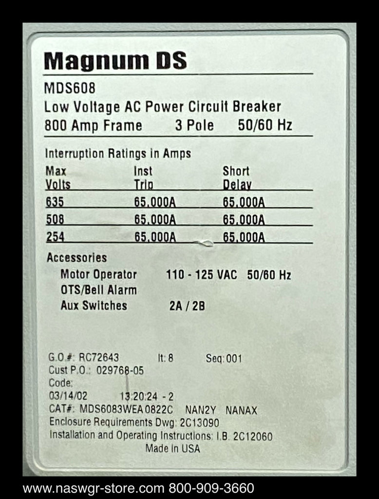 Eaton Magnum DS MDS608 Circuit Breaker (E/O,D/O) - 600 Amp — North ...
