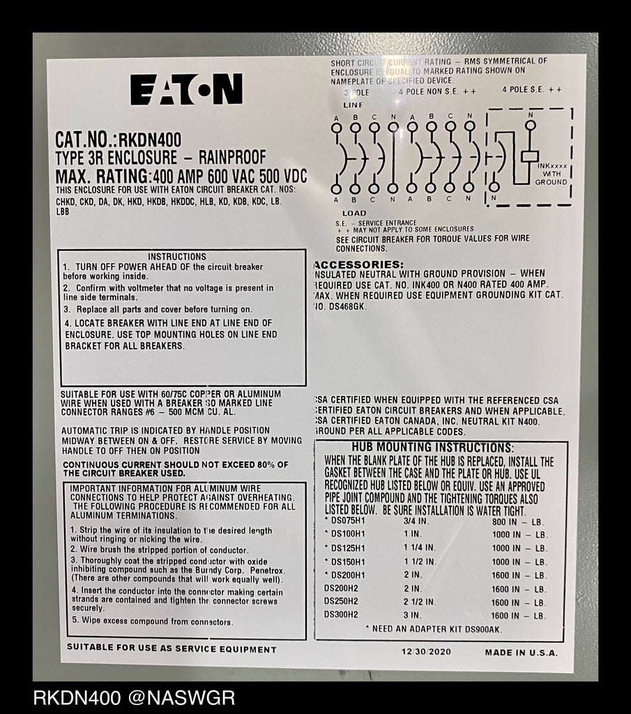 Eaton RKDN400 Circuit Breaker Enclosure - 400 Amp - Unused — North ...
