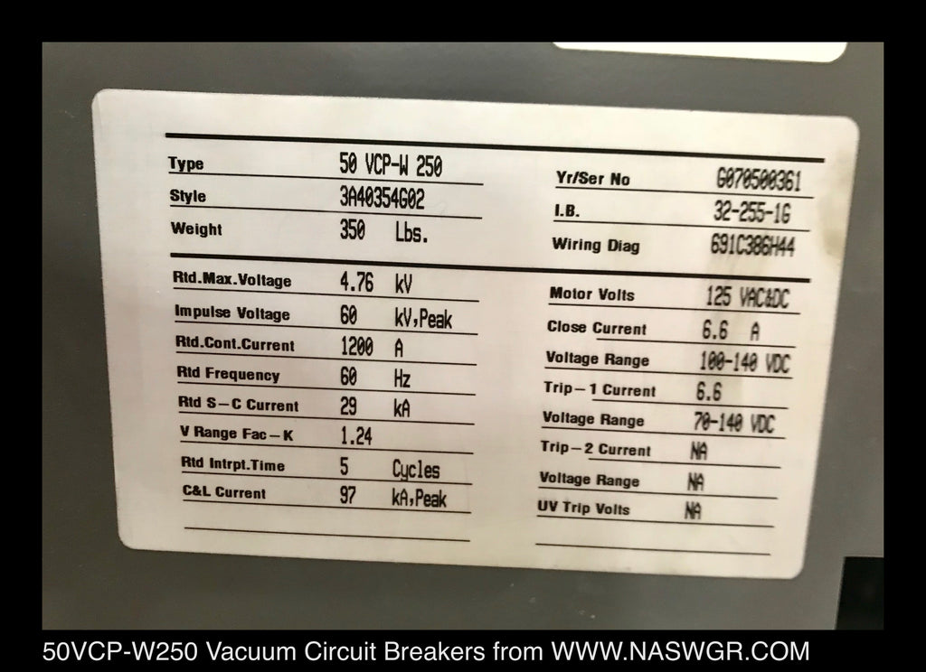 Eaton 50VCP-W250 Vacuum Circuit Breaker (E/O.D/O) - 1200 Amp — North ...