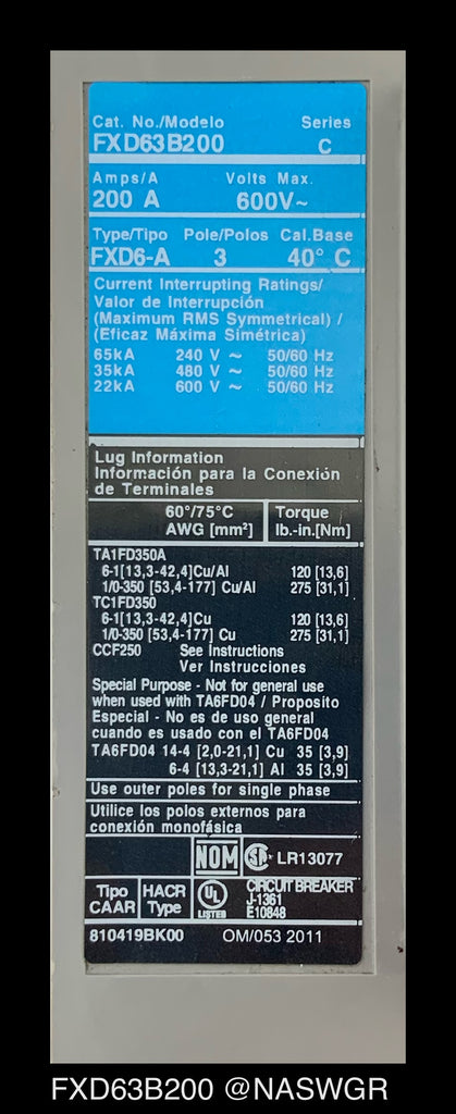 Siemens FXD63B200 Molded Case Circuit Breaker - 200 Amp — North ...