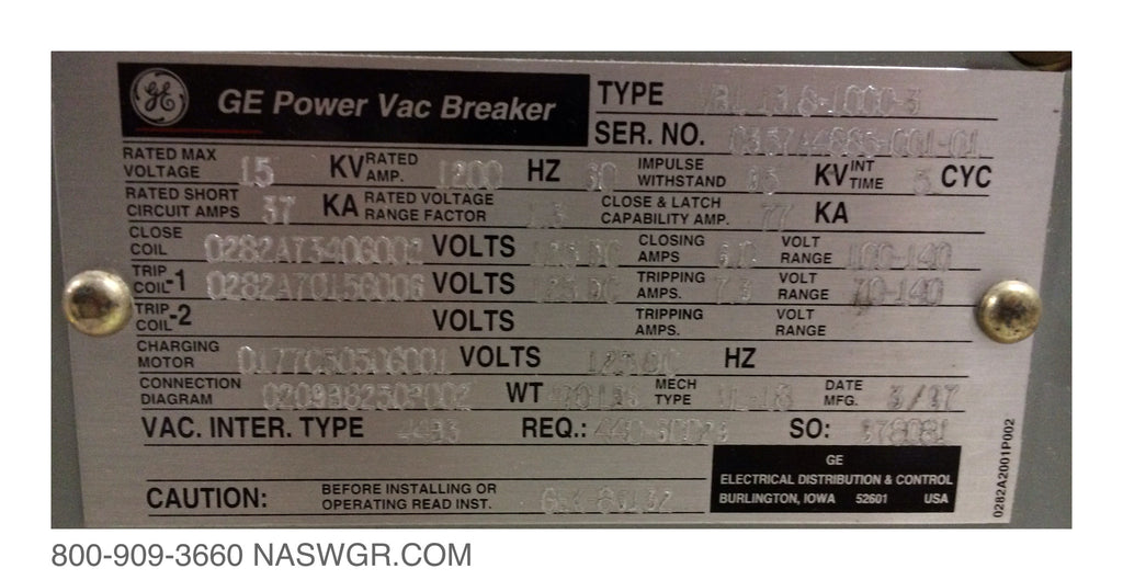 GE PowerVac VB1-13.8-1000 Vacuum Circuit Breaker (E/O,D/O) - 1200 amp ...