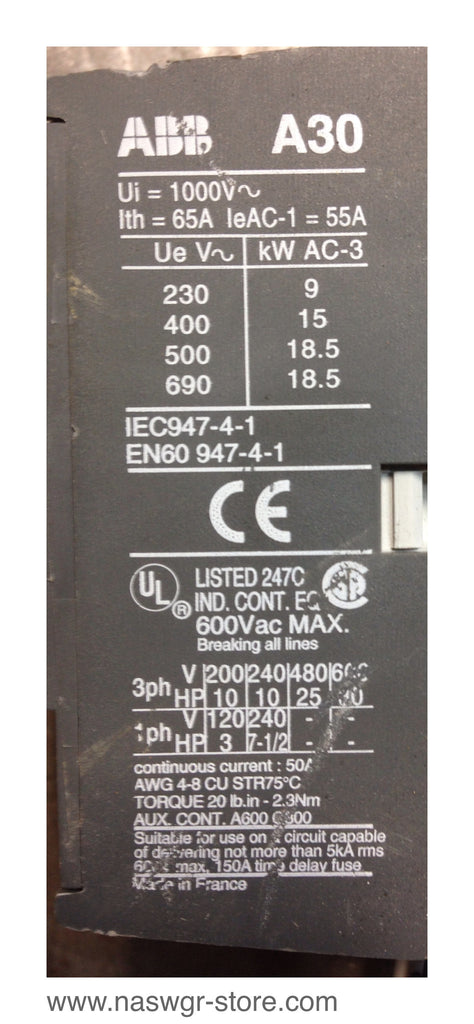 A30-30-01 , ABB A30-30-01 Contactor , 4 Pole , 30 Amp , Coil: R84 , 11 ...