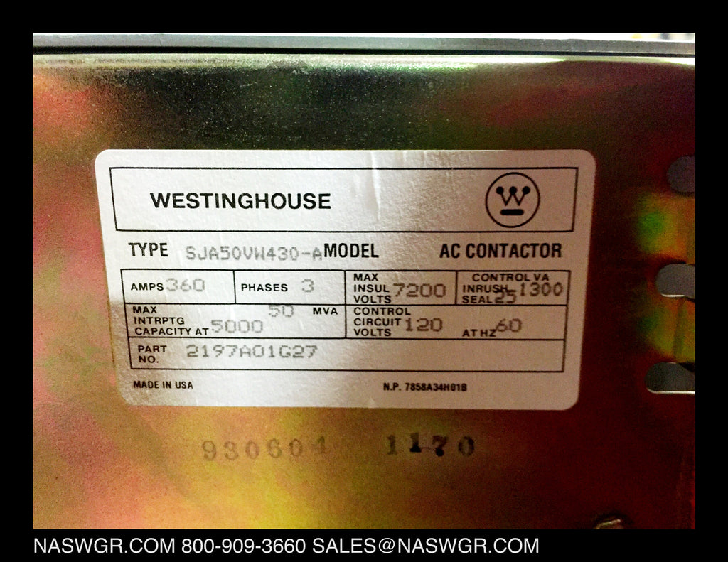 SJA50VW430 ~ Westinghouse SJA50VW430-A Vacuum Contactor 360 Amp ~ 2197 ...