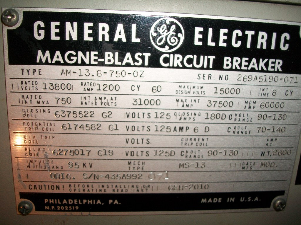 GE Magneblast AM13.8-750-OZ Circuit Breaker (E/O,D/O) - 1200 Amp ...
