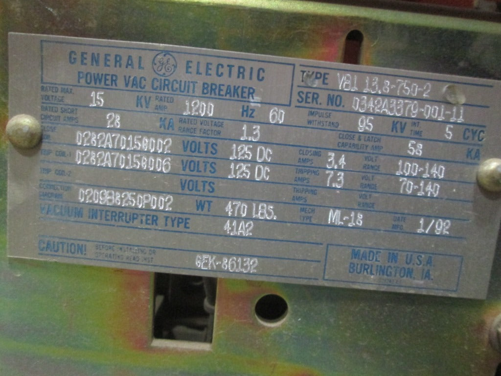 GE Power VAC VB1-13.8-750-2 Vacuum Circuit Breaker - 1200 Amp/15kV ...