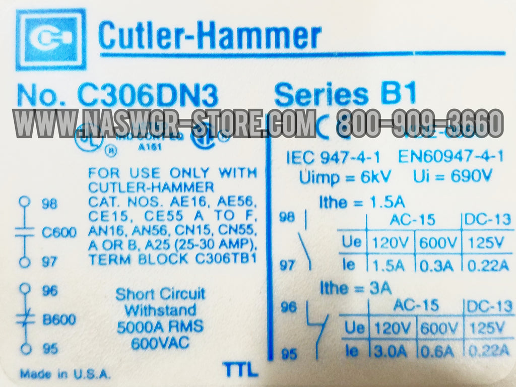 Cutler Hammer AN16SN0 Nema Size 5 Contactor — North American Switchgear ...