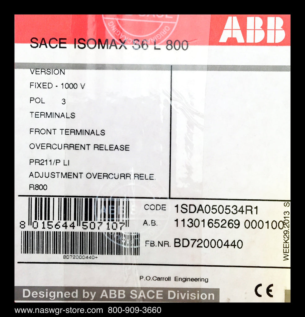 ABB SACE Isomax S6L800 Molded Case Circuit Breaker - 800 Amp - Unused ...