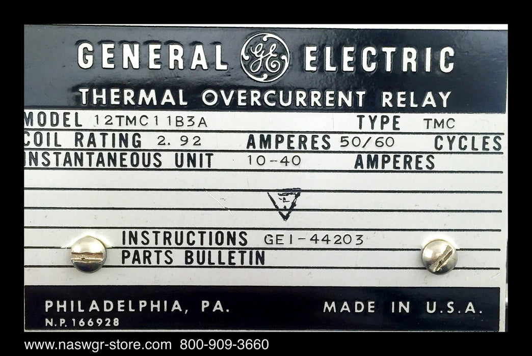 General Electric 12TMC11B3A Thermal Overcurrent Relay - 2.92 Amp ...